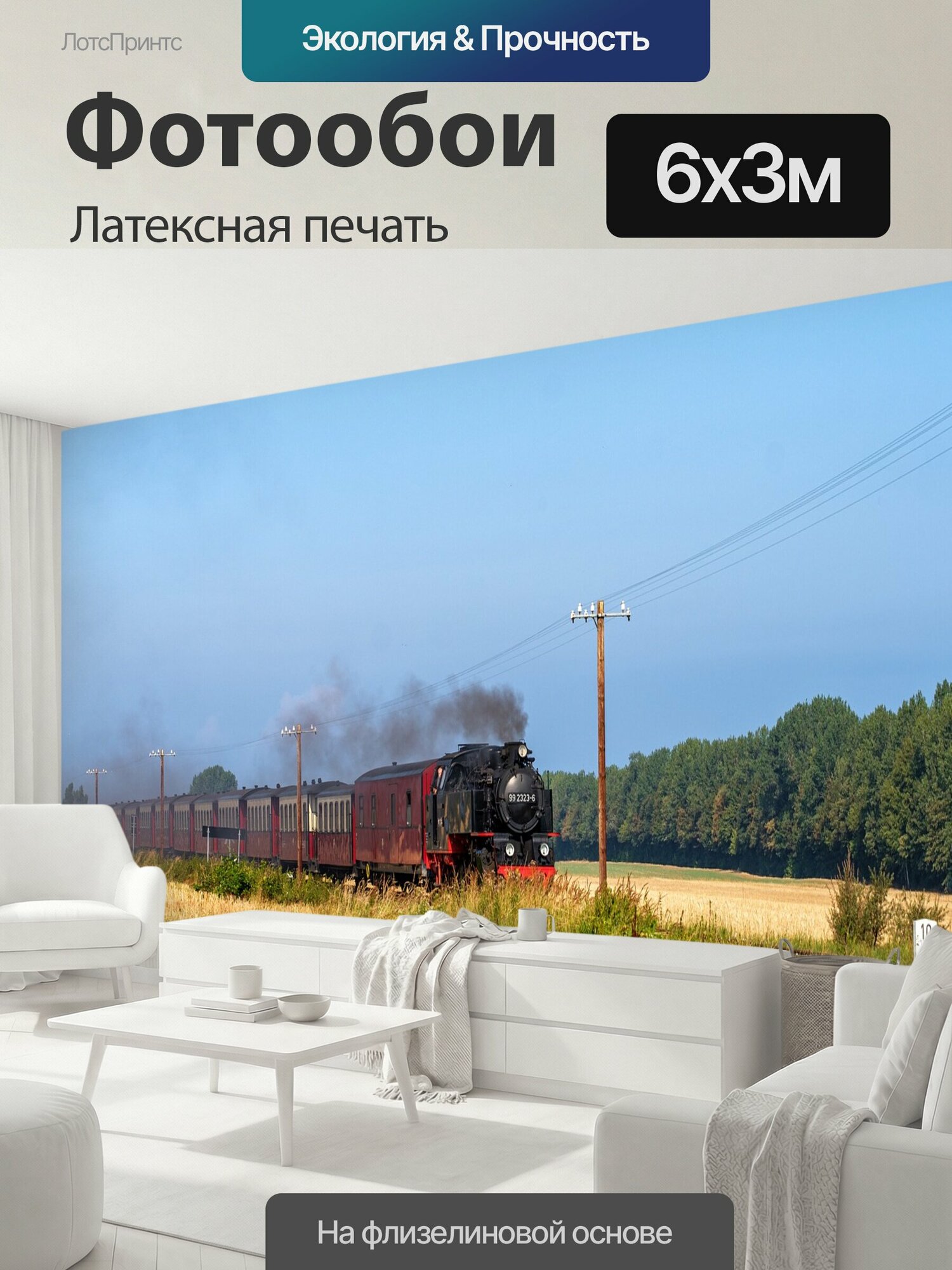 Фотообои моющиеся ударопрочные "Тренироваться, паровоз, железная дорога" 600x300 см. латексная печать