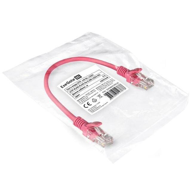 ExeGate UTP-RJ45-RJ45-5e-0.3M-LSZH-RD Patch Cord UTP кат.5e LSZH, 0.3м, красный EX286372RUS — фото 1