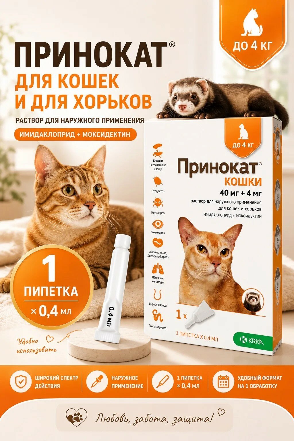 Принокат для кошек и хорьков до 4 кг капли от блох, клещей, вшей, власоедов и гельминтов (аналог капель Адвокат)