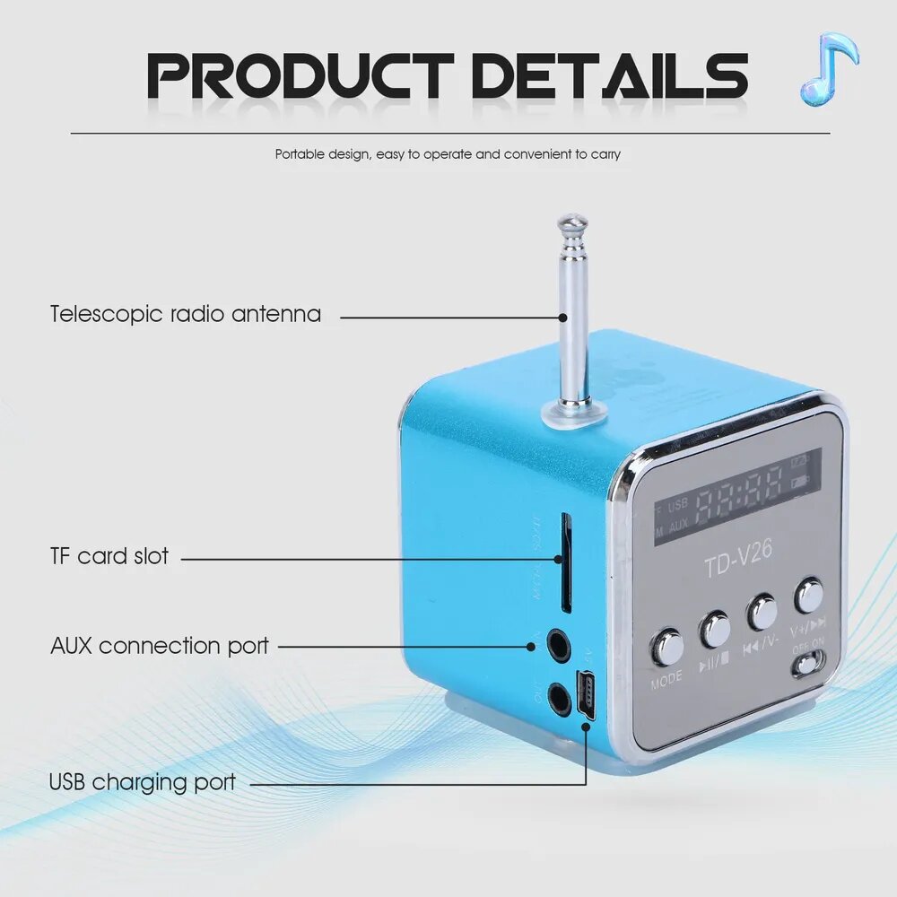 MP3-плеер, синий, портативная цифровая колонка с micro sd, usb и fm радио — фото 1