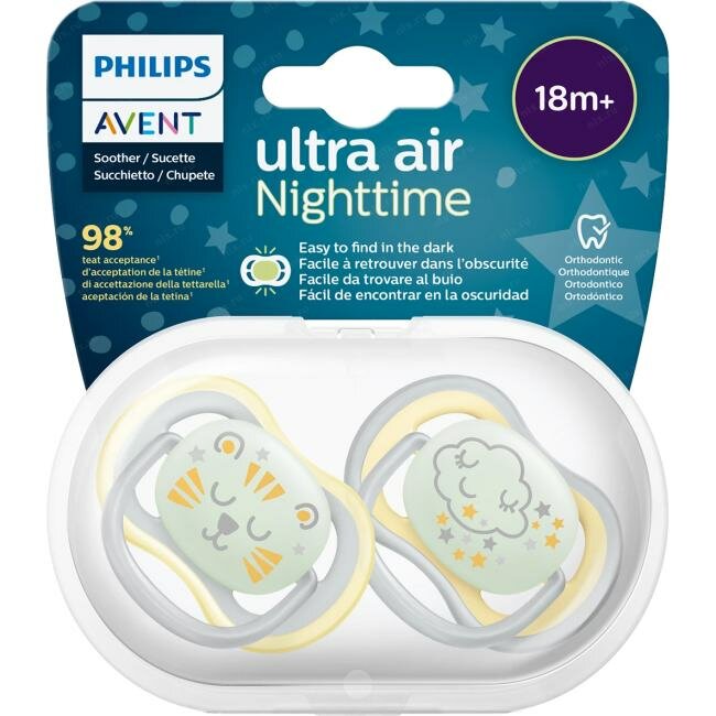 Philips SCF376/01 Пустышка для мальчиков Philips Avent ultra air night SCF376/01, с футляром, 2 шт, 18+ мес — фото 1