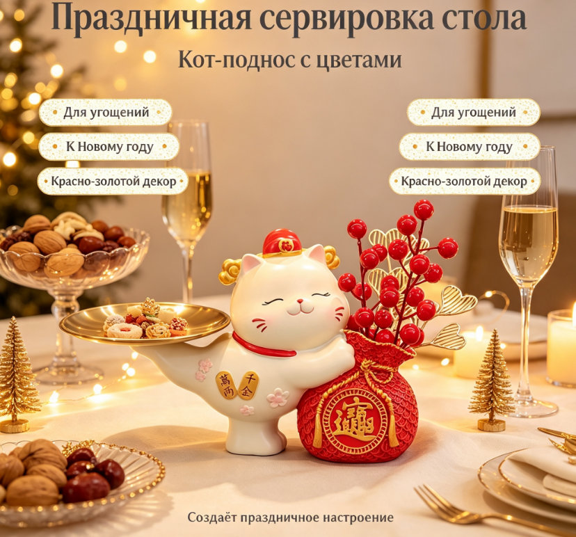 Декоративная статуэтка Манэки‑нэко с подносом, органайзер для ключей и украшений, сувенир на праздник