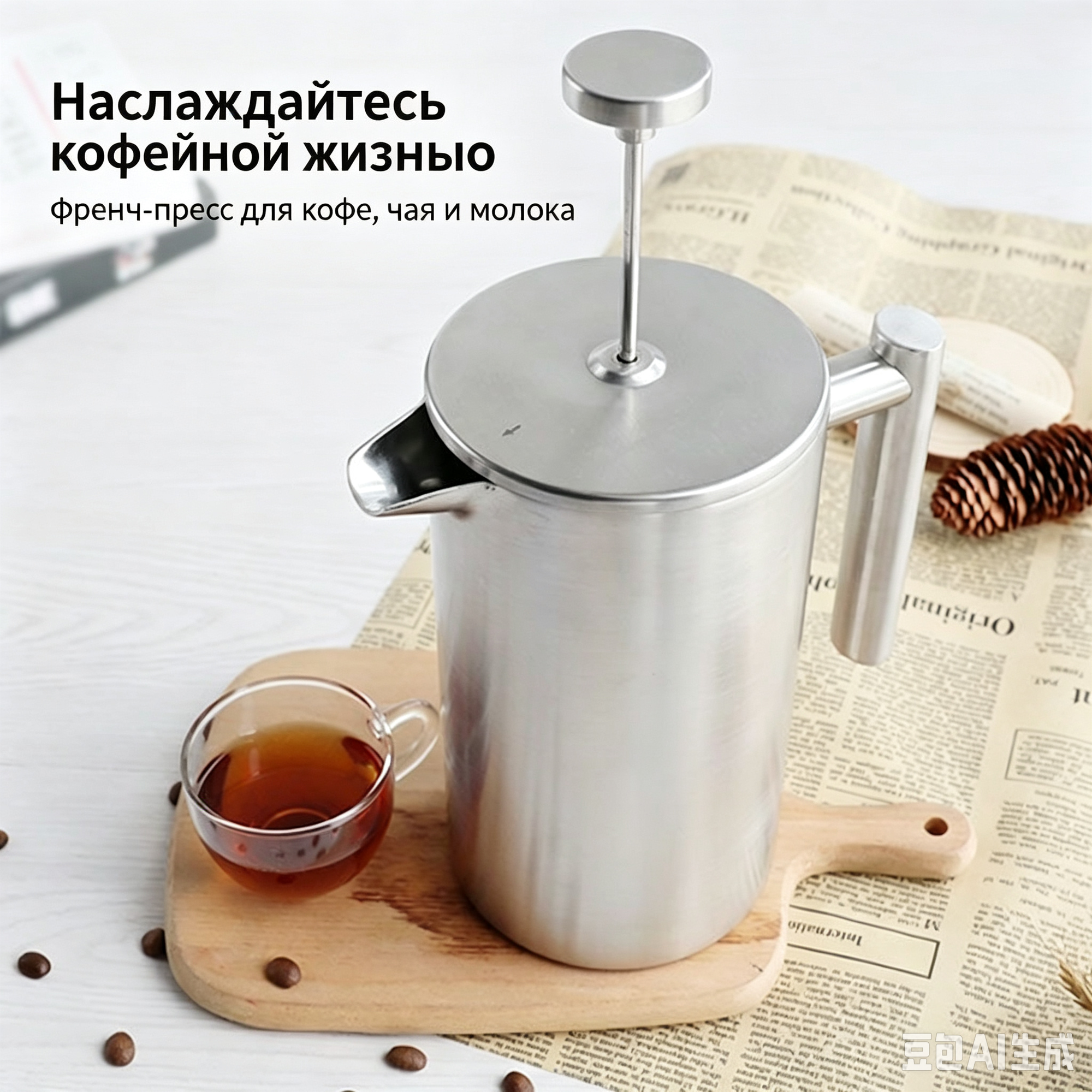Френч-пресс, Френч‑пресс из нержавеющей стали, для заваривания кофе, матовая версия, 1000 мл