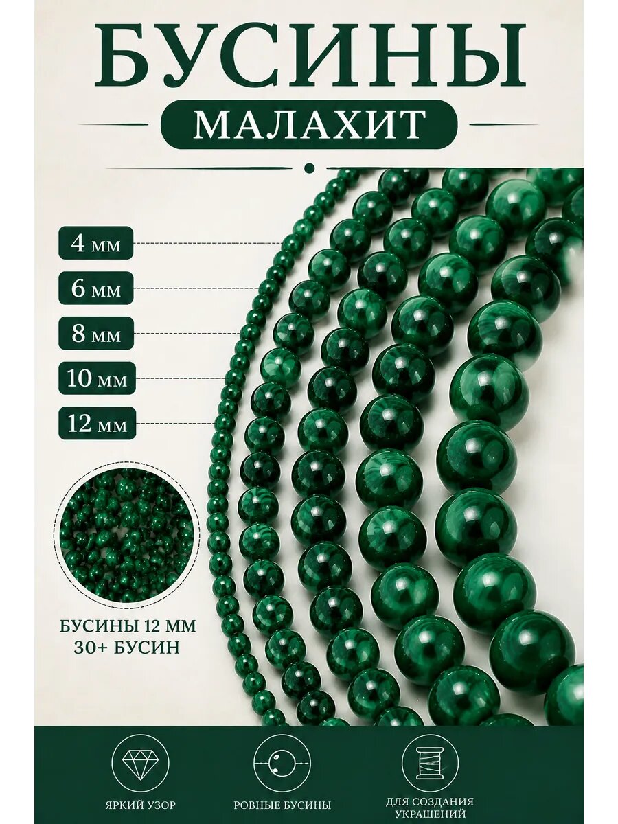 Малахит бусины 12 мм нить