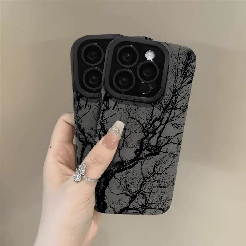 Чехол для iPhone XS с темно-серым узором черных ветвей и фальшивым мехом, полная защита от падений
