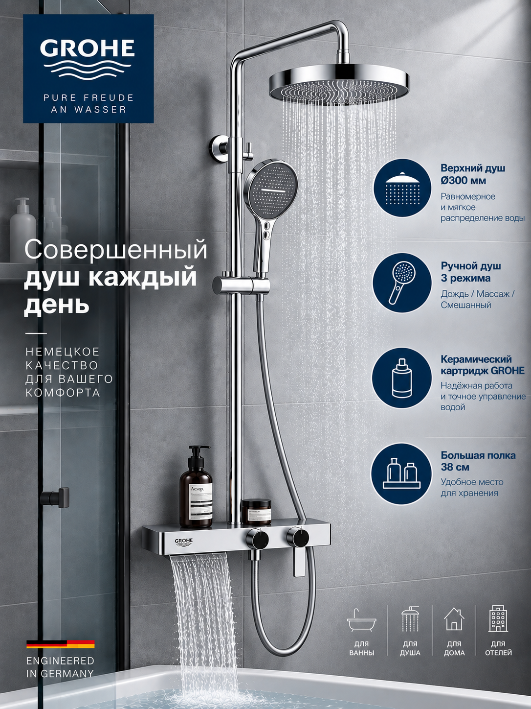 Душевая система GROHE смеситель для ванны с душем ШирокаЯ платформа длЯхранениЯ