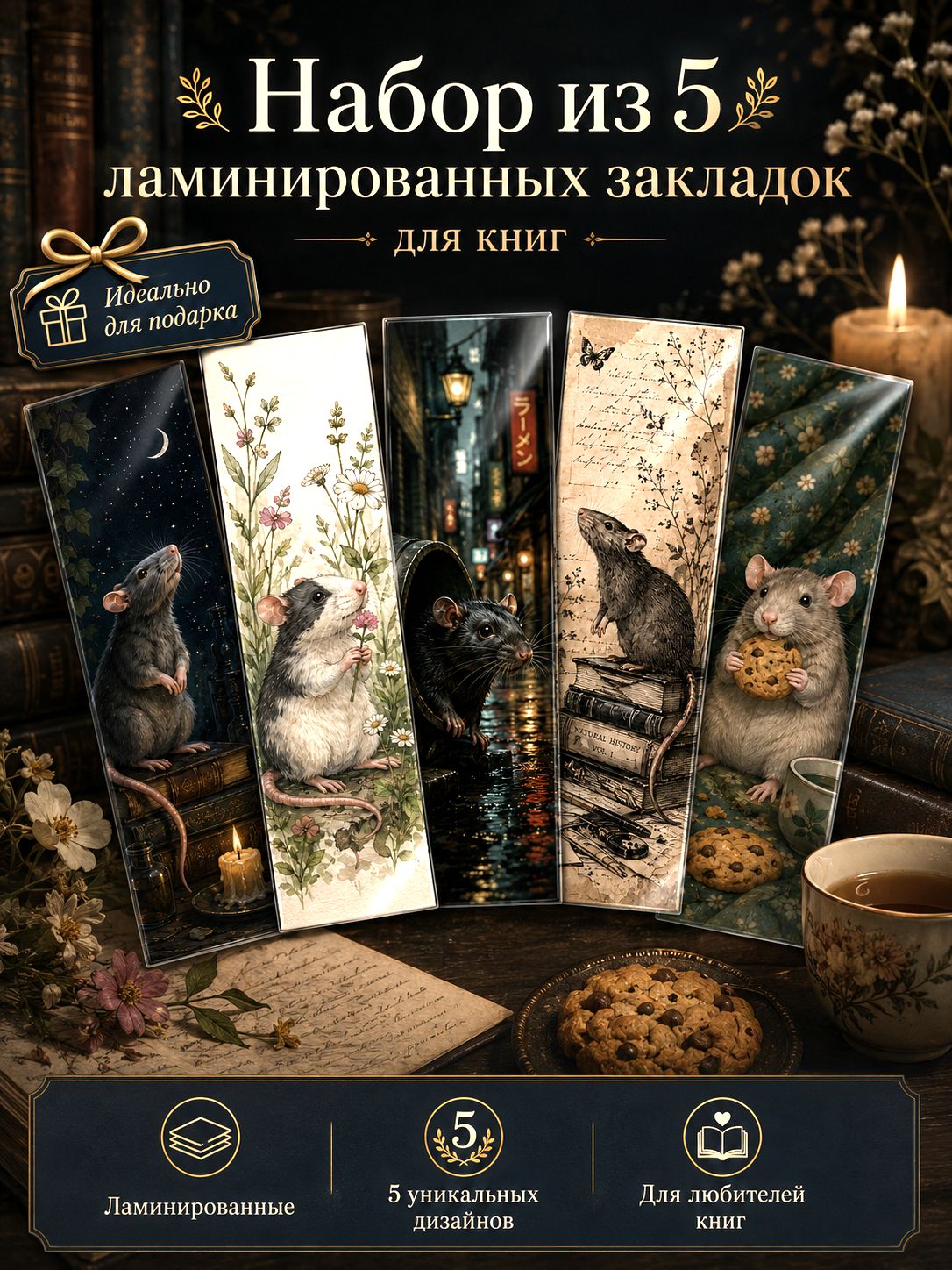 Набор из 5 закладок для книг. Крысы и мышки