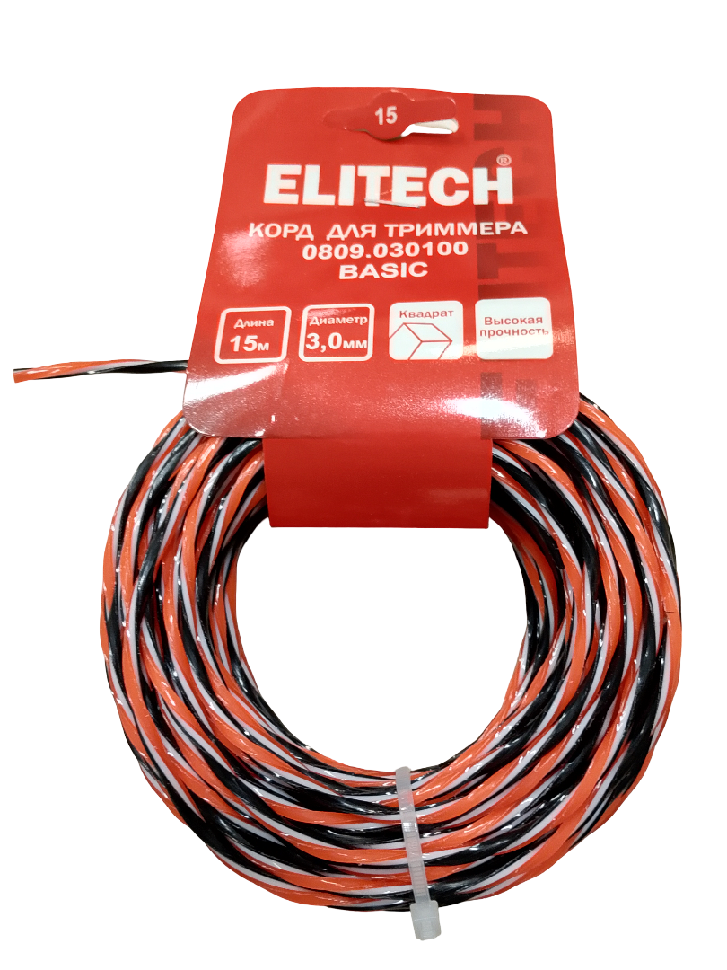 Корд для триммера Elitech 0809.030100, 3.0мм,15м, квадрат, трехцвет, моток, код 216261