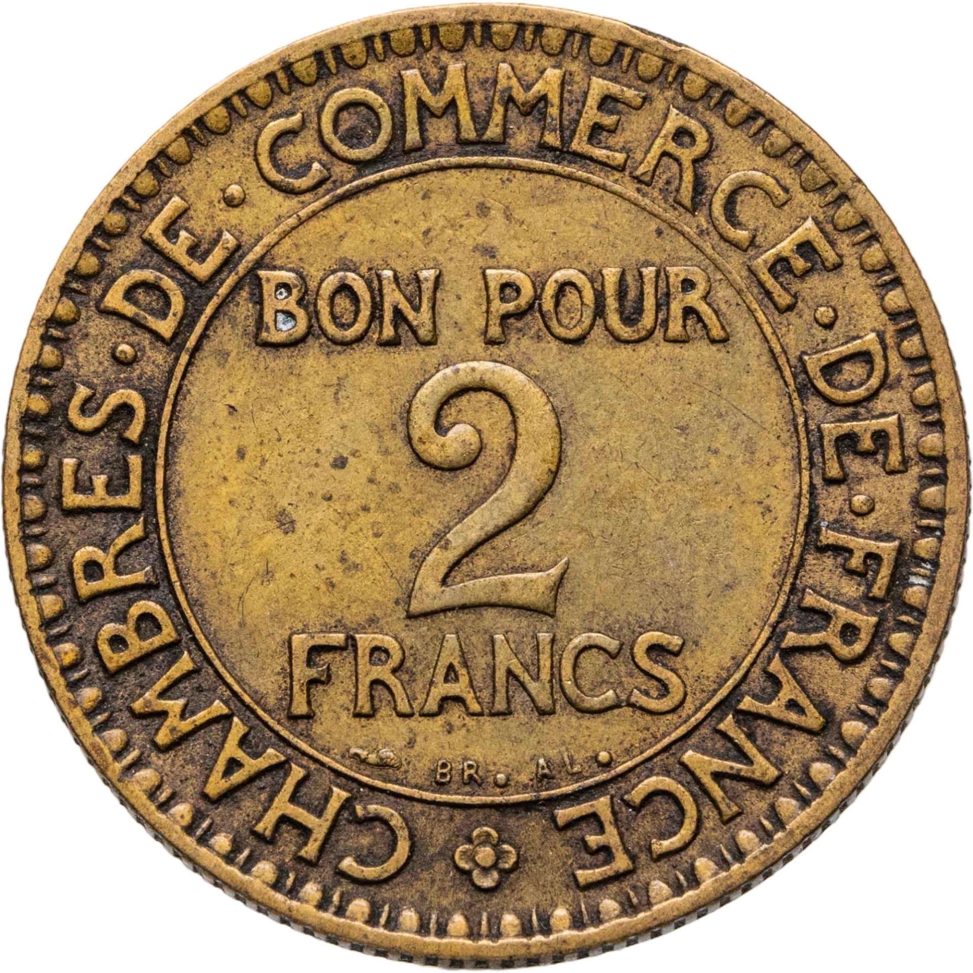 Франция 2 франка 1921, Бронза, в сохранности VF-XF