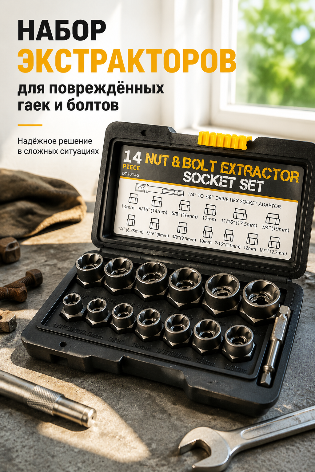 Набор экстракторов для повреждённых гаек и болтов, 14 предметов, 3/8