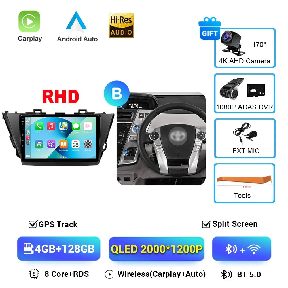 Android автомагнитола 4G 128GB Carplay DVR для Toyota Prius 2012-2015