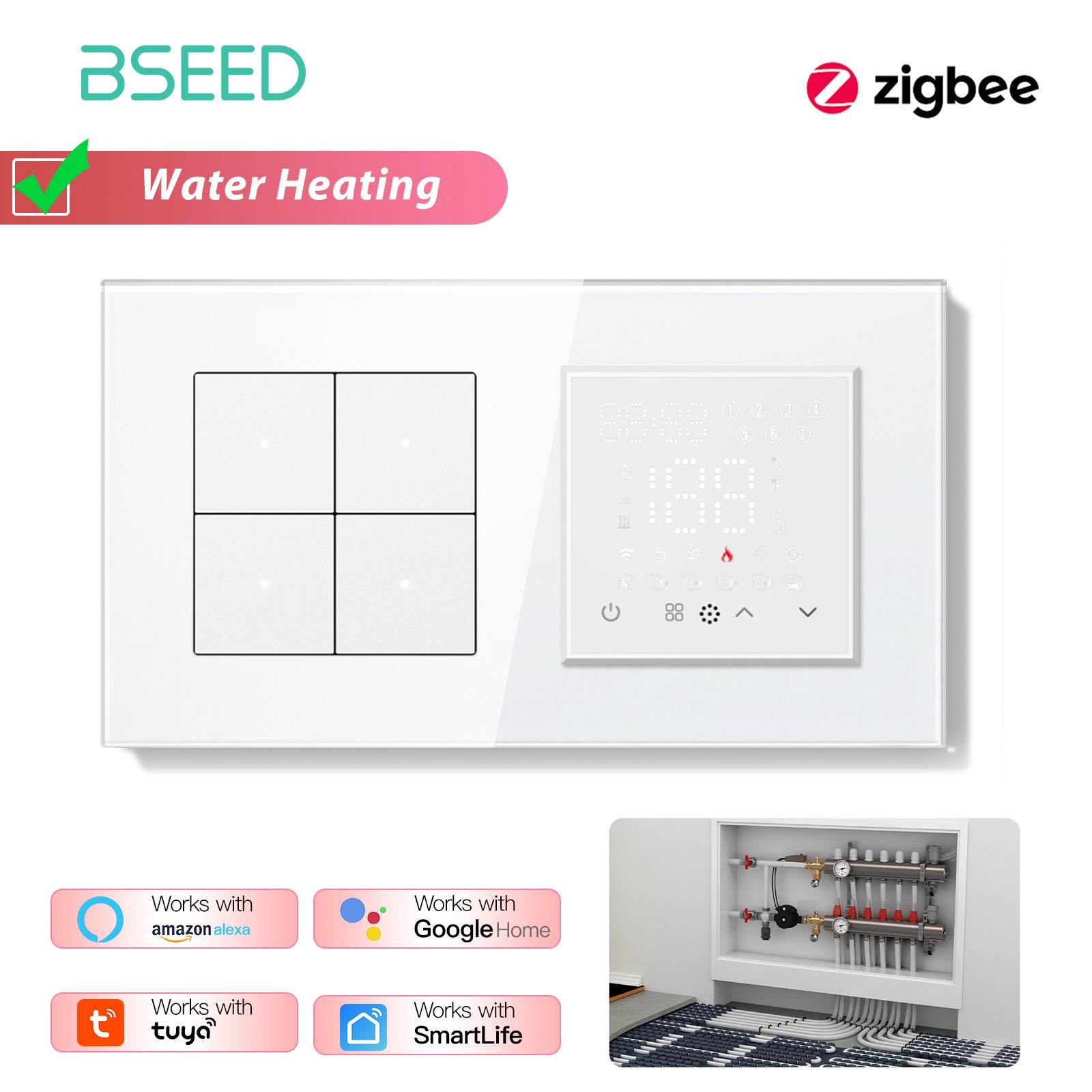 Терморегулятор с выключателем ZIGBEE с Алисой, 4 клавиши для теплого пола водяного отопления, Серия E