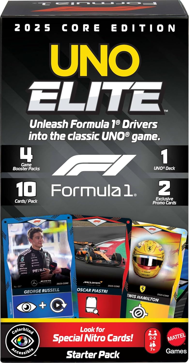 Mattel UNO Elite F1 JLV42, стартовый набор карточек Formula 1