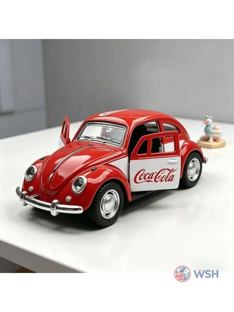 Модель Volkswagen Beetle 1:36 в красно-белой ливрее популярного коричневого газированного напитка, двери открываются, инерционный ход, резиновые шины, 12.8 4.7 4 см