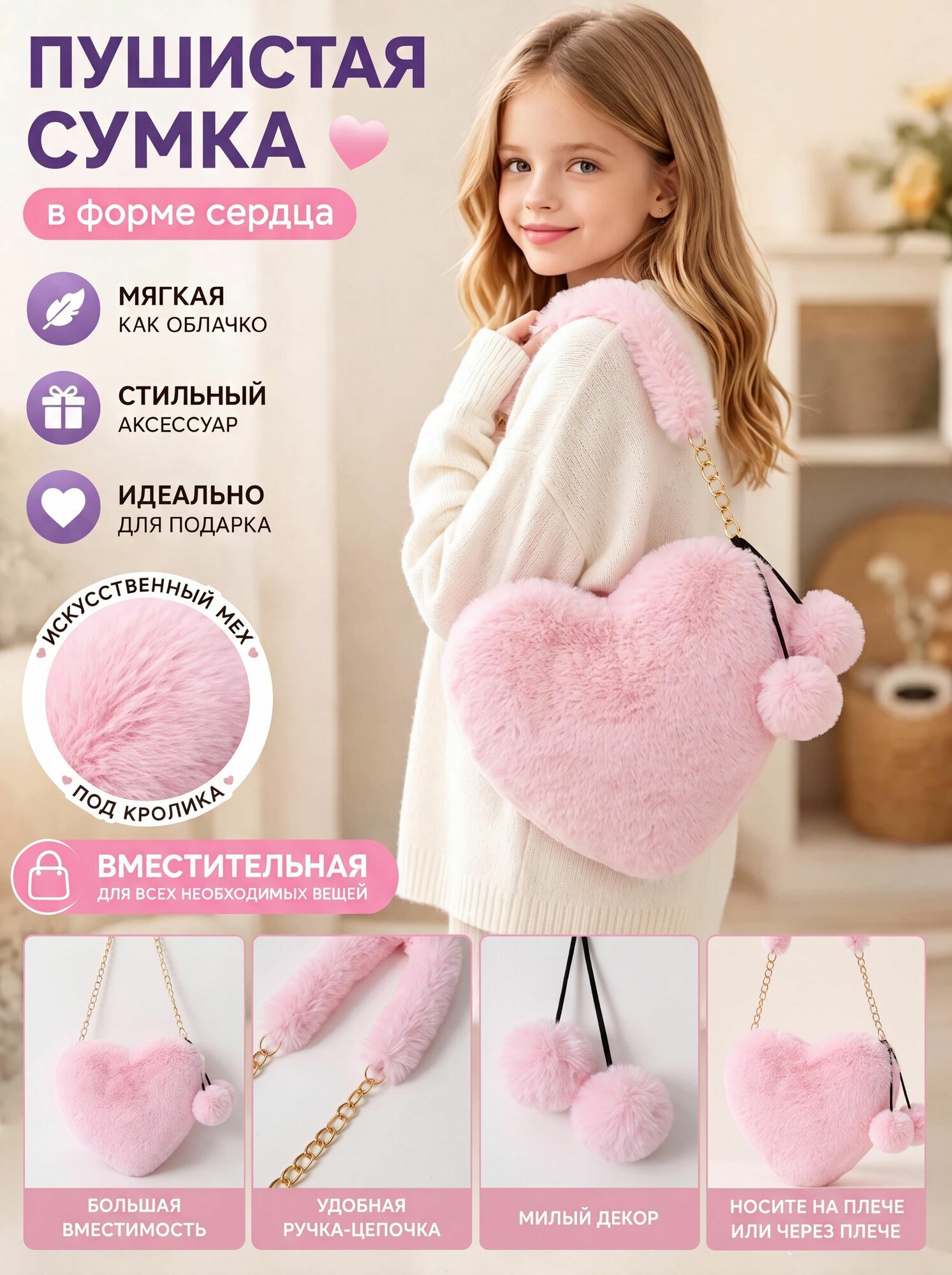 Сумка на плечо плюшевое Сердце для девочки