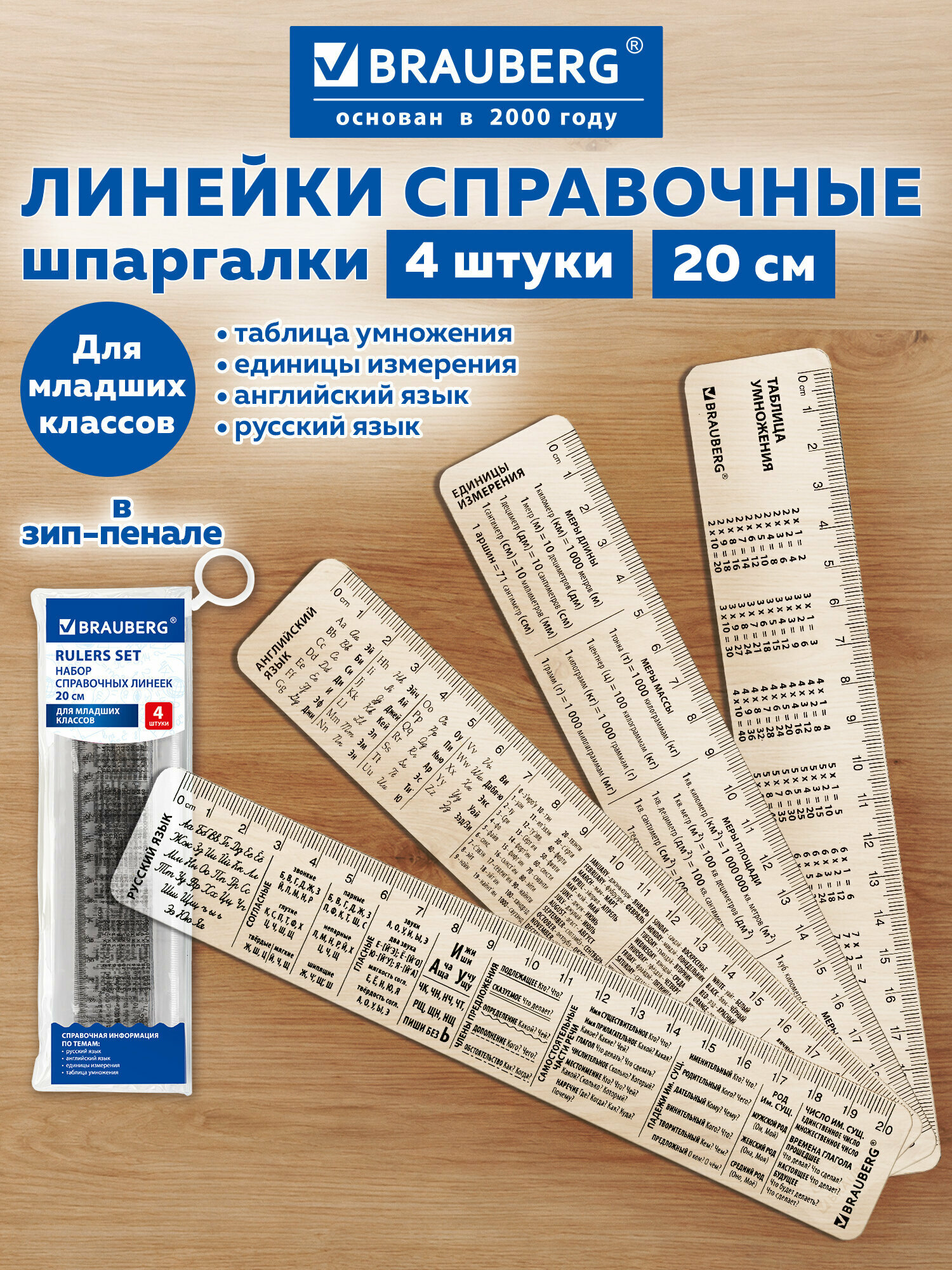 Линейка школьная 20 см пластиковая для черчения и геометрии набор 4 штуки, со справочным материалом, Brauberg