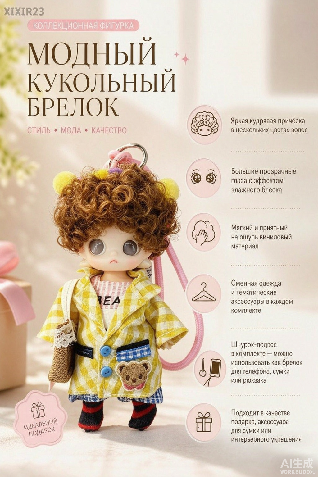 Костюм для куклы 14 см, Жёлтая клетчатая куртка, наряд с головным убором, одежда для куклы-модели