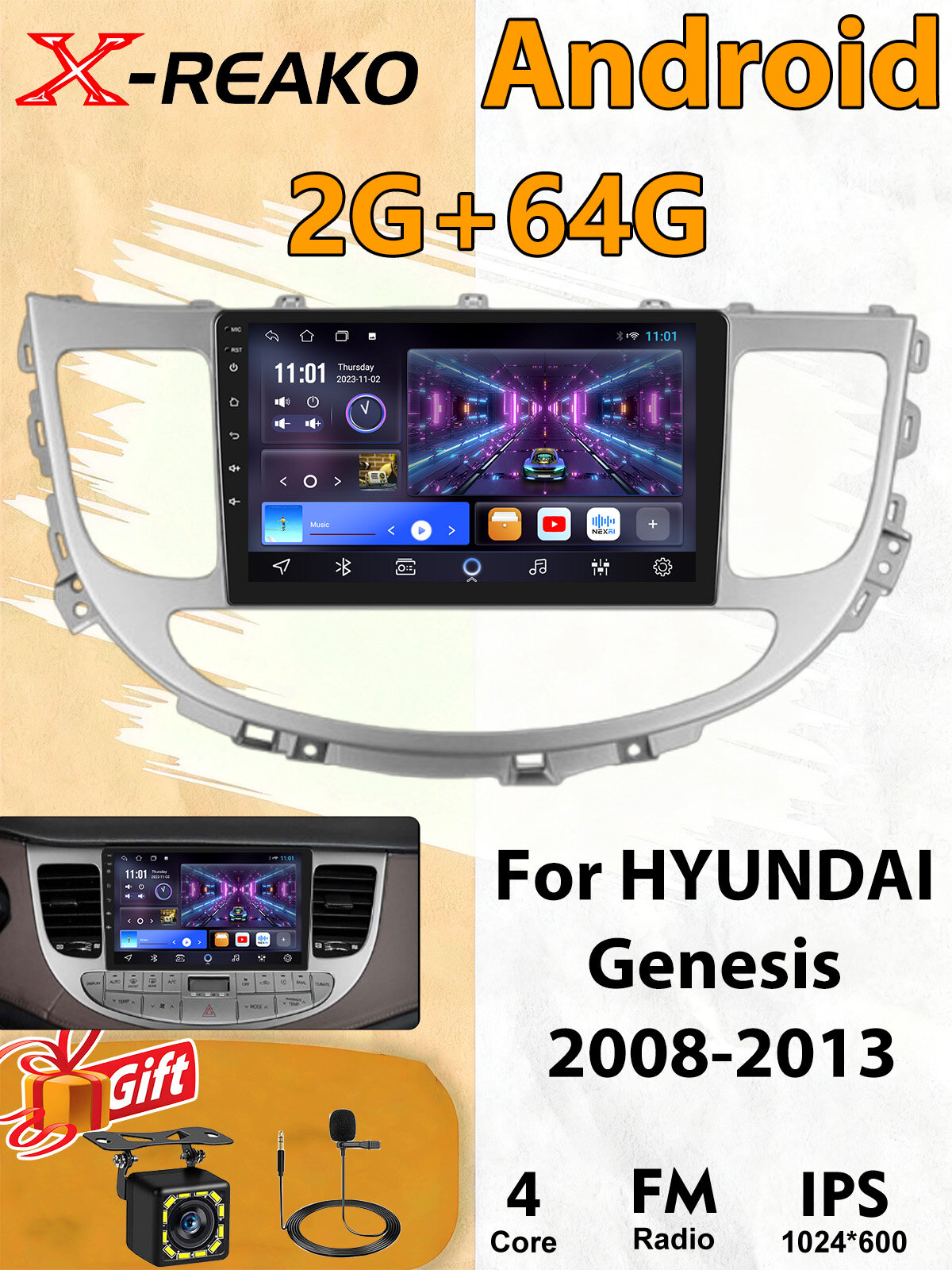 Магнитола для HYUNDAI Genesis 2008-2013 экран 9 дюймов Андроид wifi Bluetooth GPS