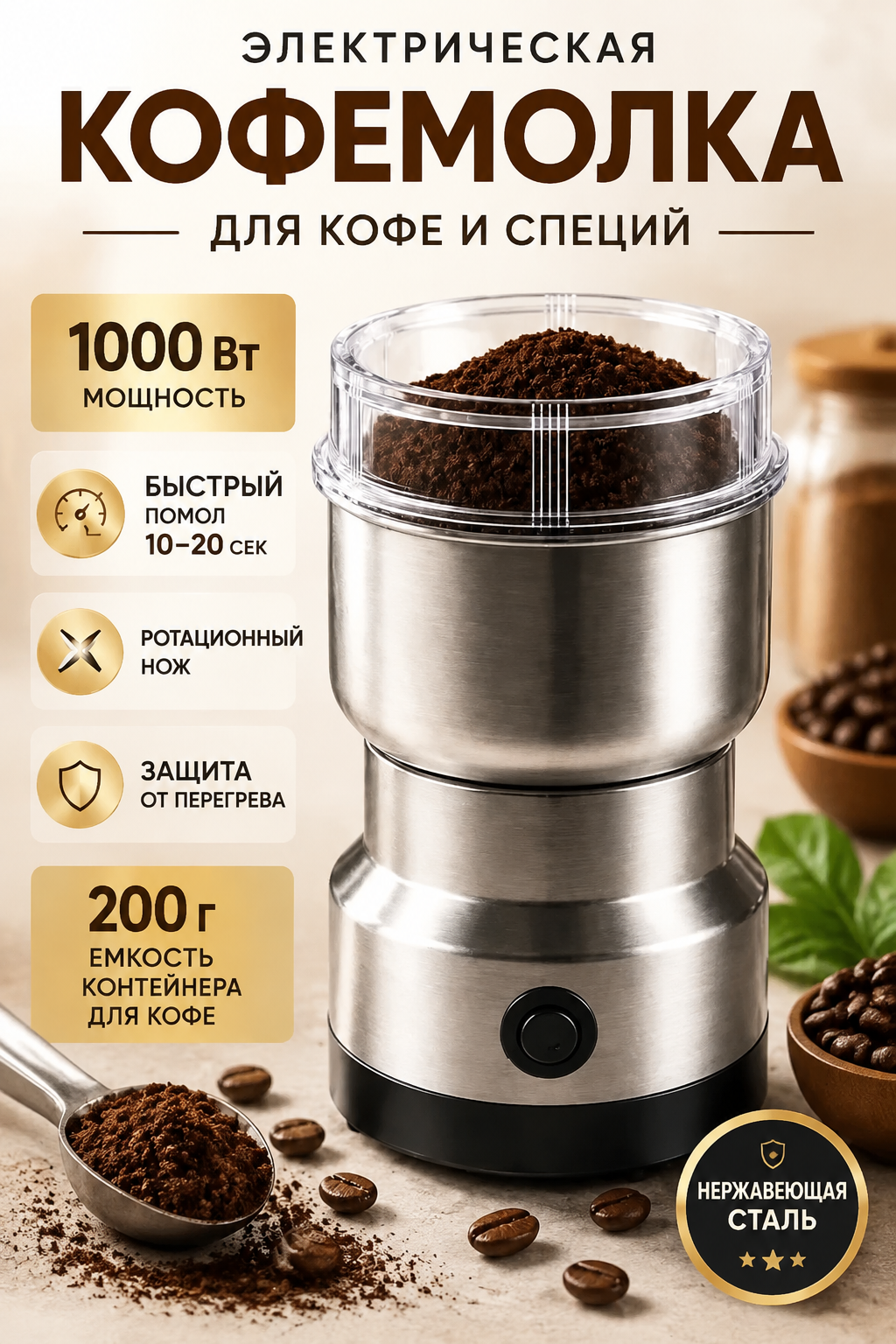 Электрическая кофемолка для кофе и специй, 1000 Вт, 200 г, нержавеющая сталь, серебристая