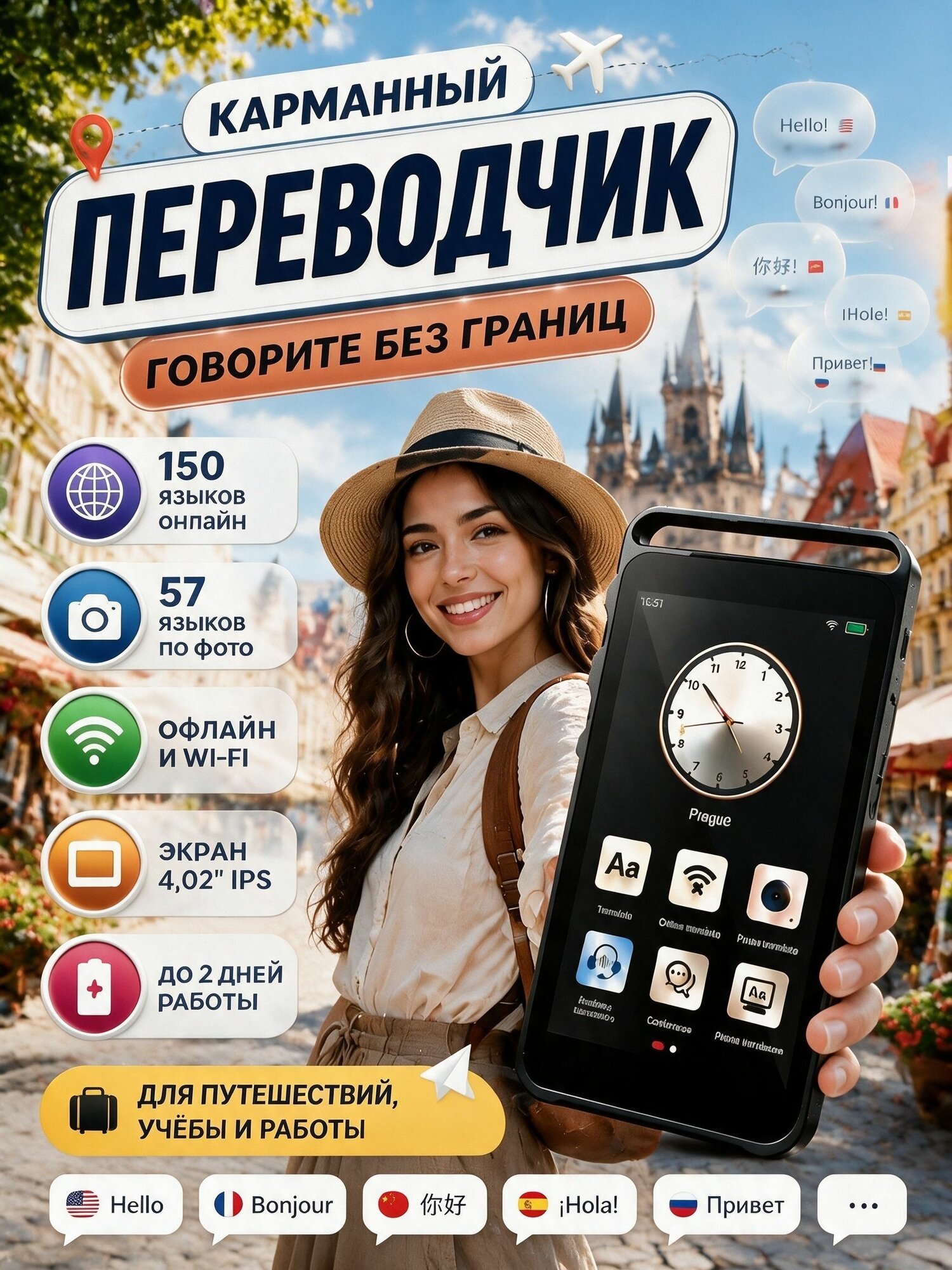 Карманный голосовой переводчик (150 языков, Wi-Fi / Офлайн, с фотопереводом)