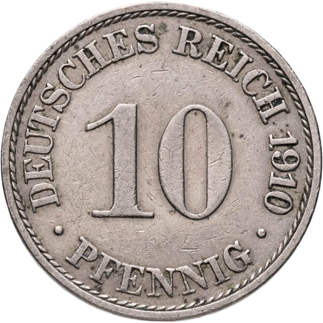 Германия 10 пфеннигов pfennig 1910, знак монетного двора: "A" - Берлин, Никель, в сохранности VF-XF