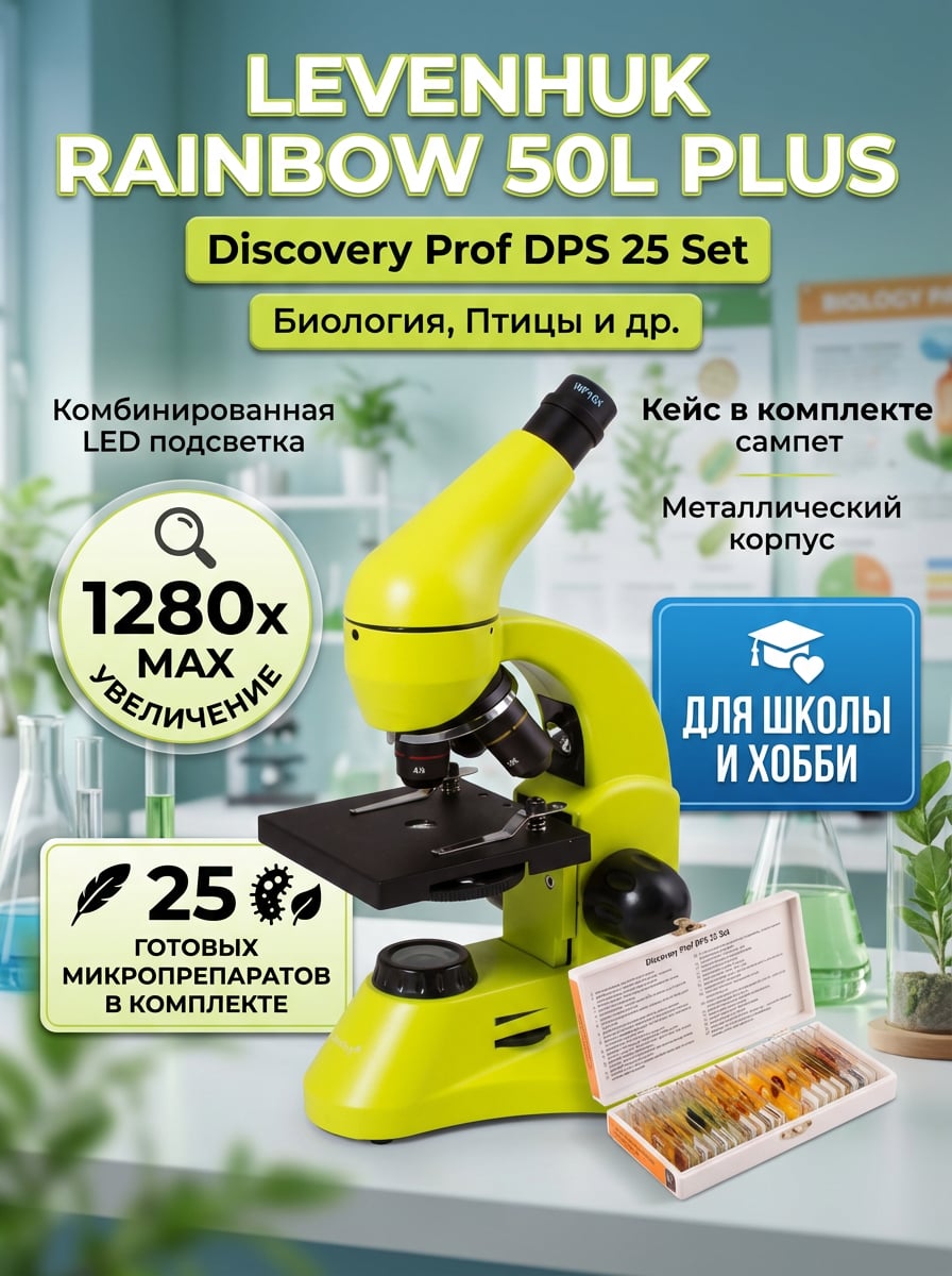 Микроскоп монокулярный Levenhuk Rainbow 50L PLUS Lime/Лайм в комплекте с набором микропрепаратов Levenhuk Discovery Prof DPS 25. Биология, Птицы и др.
