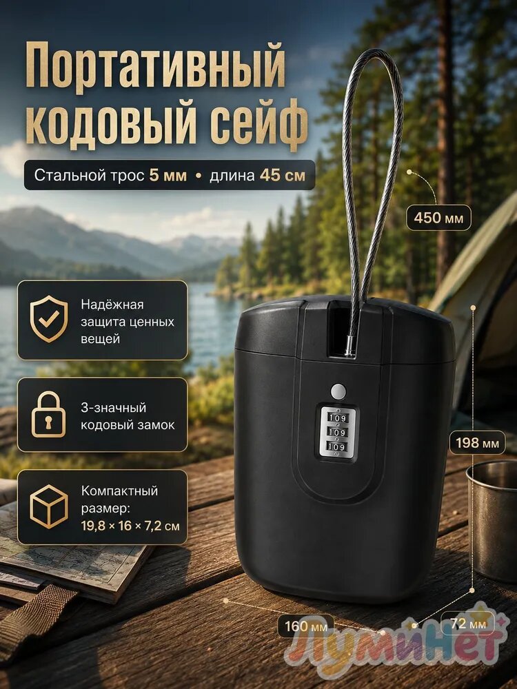 Сейф переносной миниатюрный 2 литра, черный, с кодовым замком и металлическим тросом для пляжа, путешествий и автомобиля