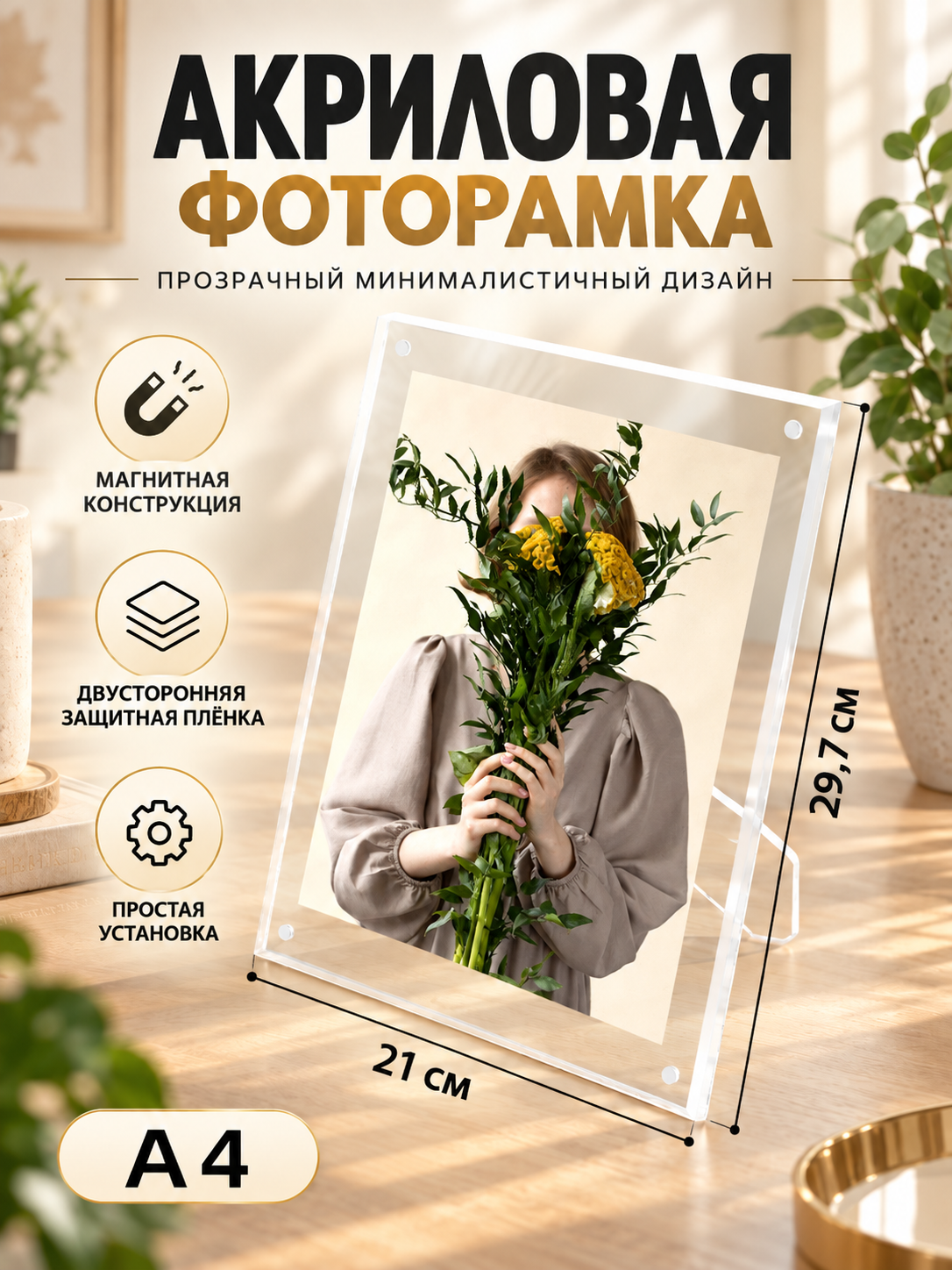 Акриловая фоторамка А4, настольная магнитная рамка из прозрачного акрила, двусторонняя защитная плёнка, минималистичный дизайн для дома