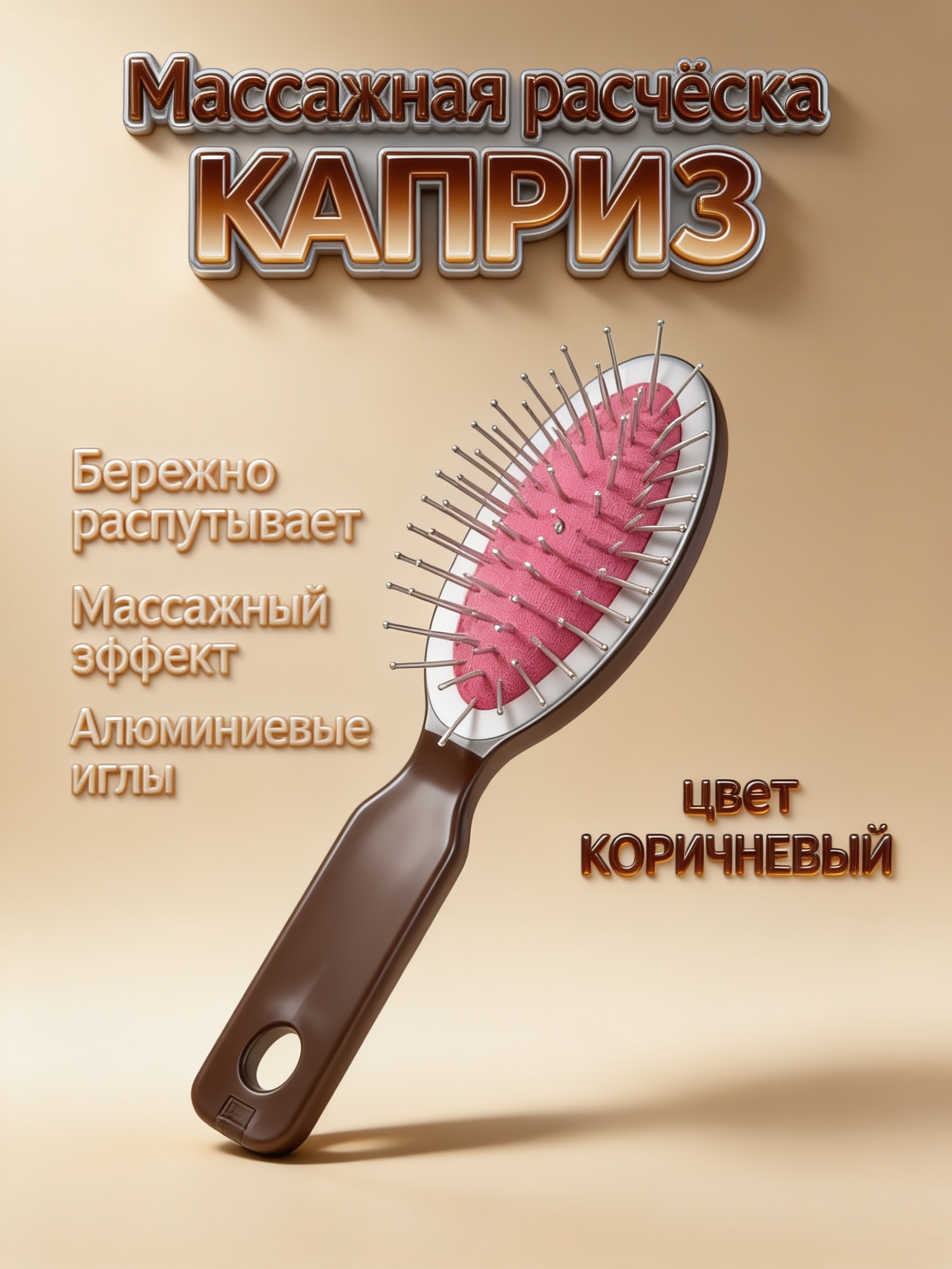 Расческа "каприз", массажная, прочный пластик, коричневый цвет, алюминиевые зубчики