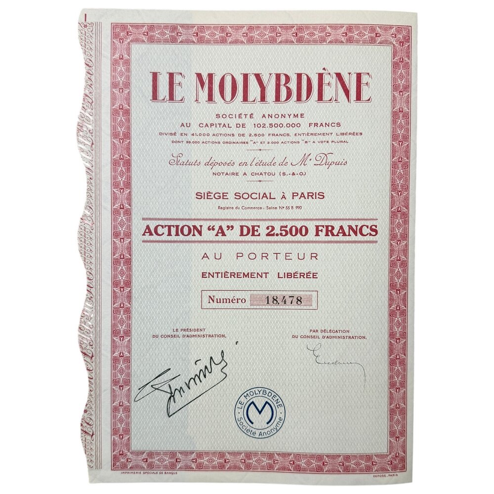 Франция, Le Molybdene SA, сертификат на 1 акцию 1960-1970 гг.