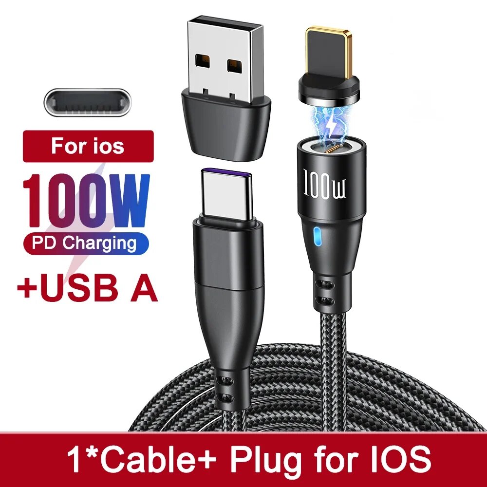 100W магнитный кабель USB-A/iOS, 1м, черный