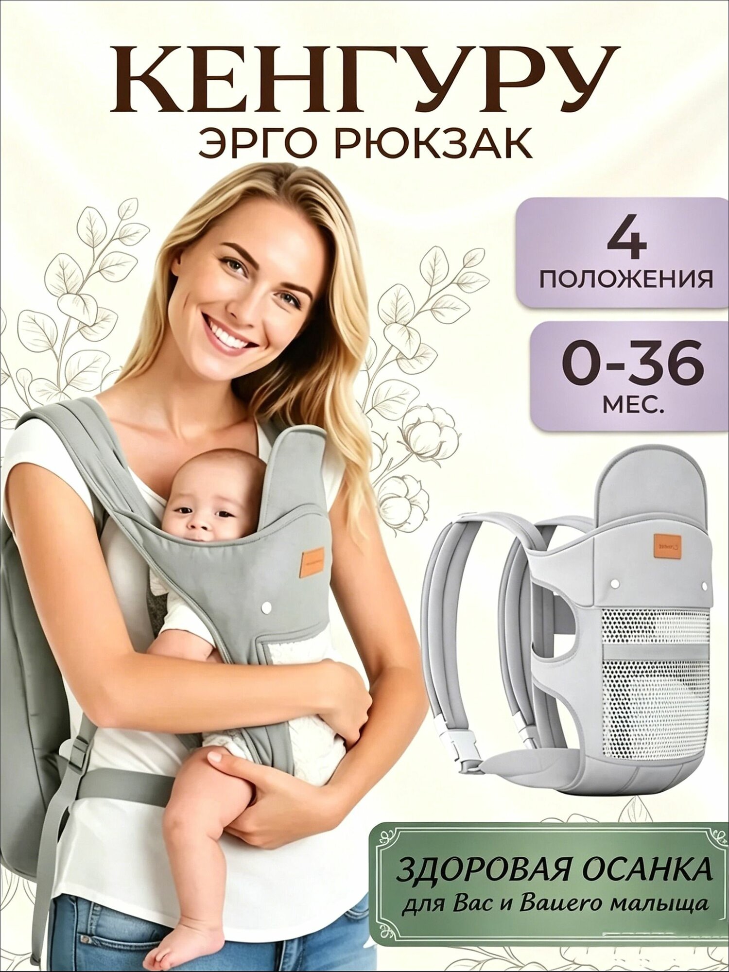 Эргорюкзак кенгуру 4 в 1 для новорожденных от 0 месяцев . Слинг-переноска для малышей , Рюкзак-переноска детский эргономичный