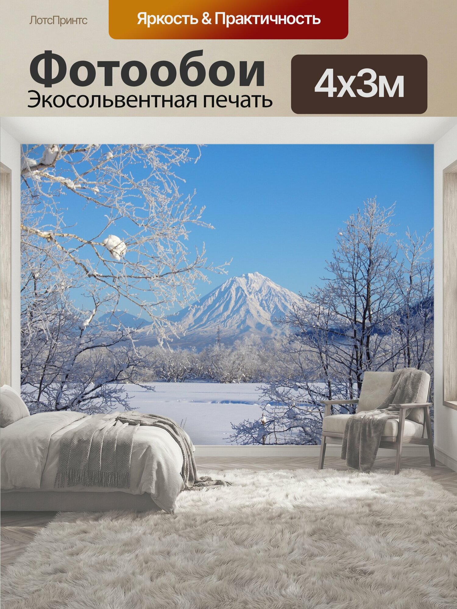 Фотообои "Вулкан корякский, камчатка, зима" 400x300 см. экосольвентная печать