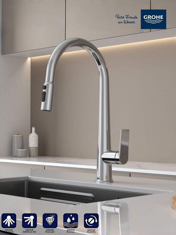 Смеситель для кухни GROHE с выдвижным изливом, полный комплект, крепеж, прокладки, инструкция по монтажу