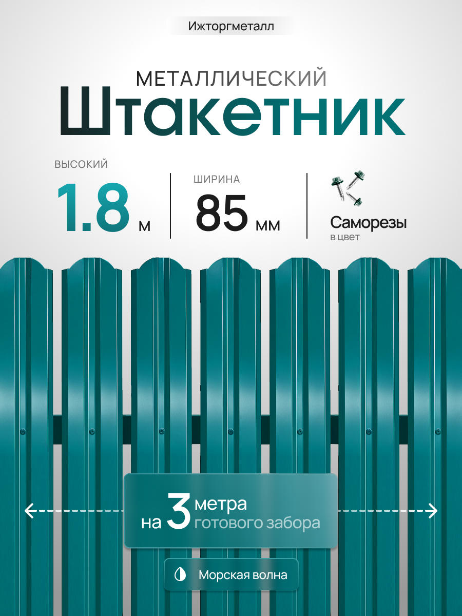 Штакетник забор металлический, 180 см, 85 мм, 25 шт, (морская волна), для дачи и огорода