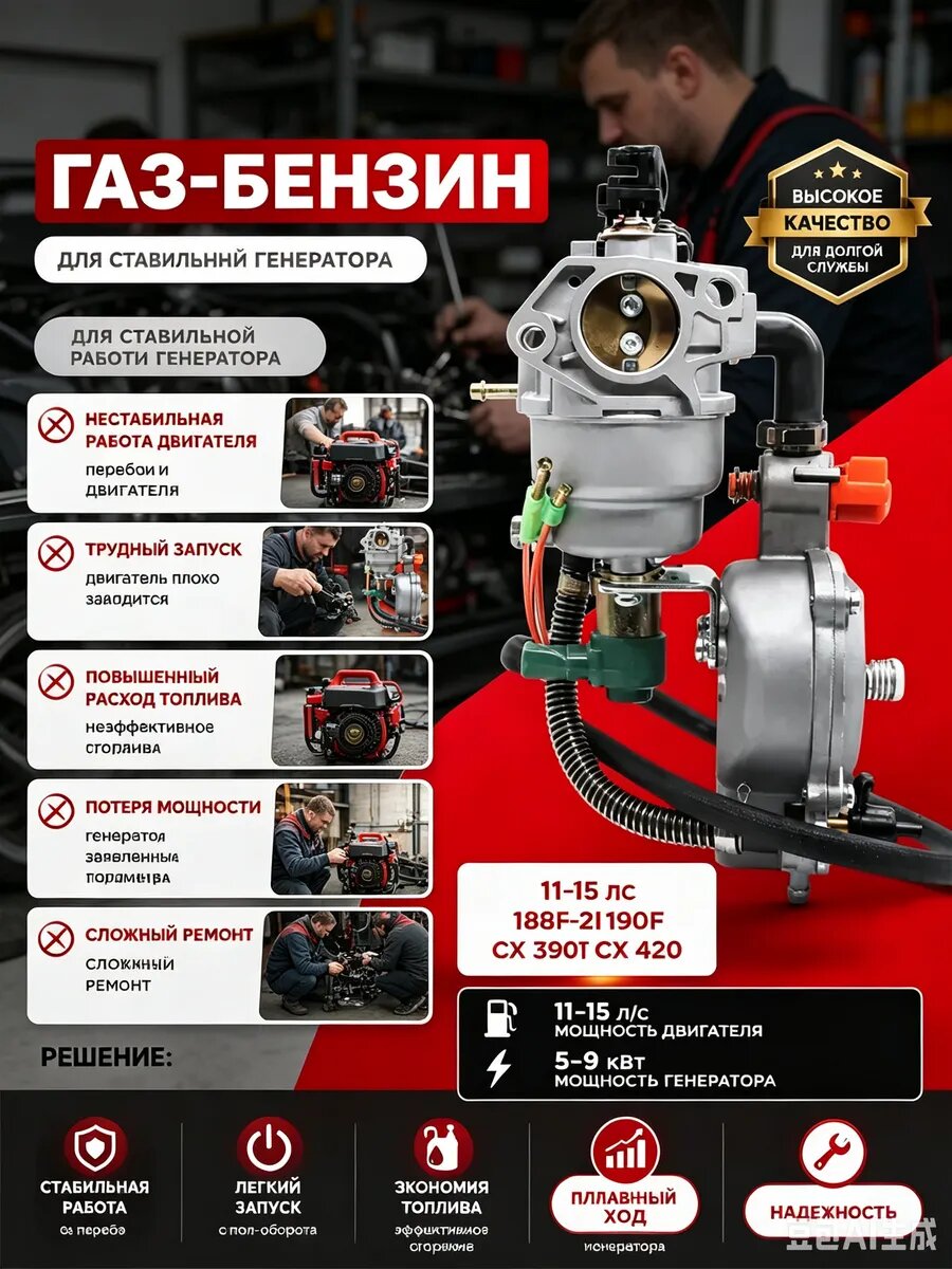 Карбюратор газ-бензин для генератора 5-9 кВт 188F-192F
