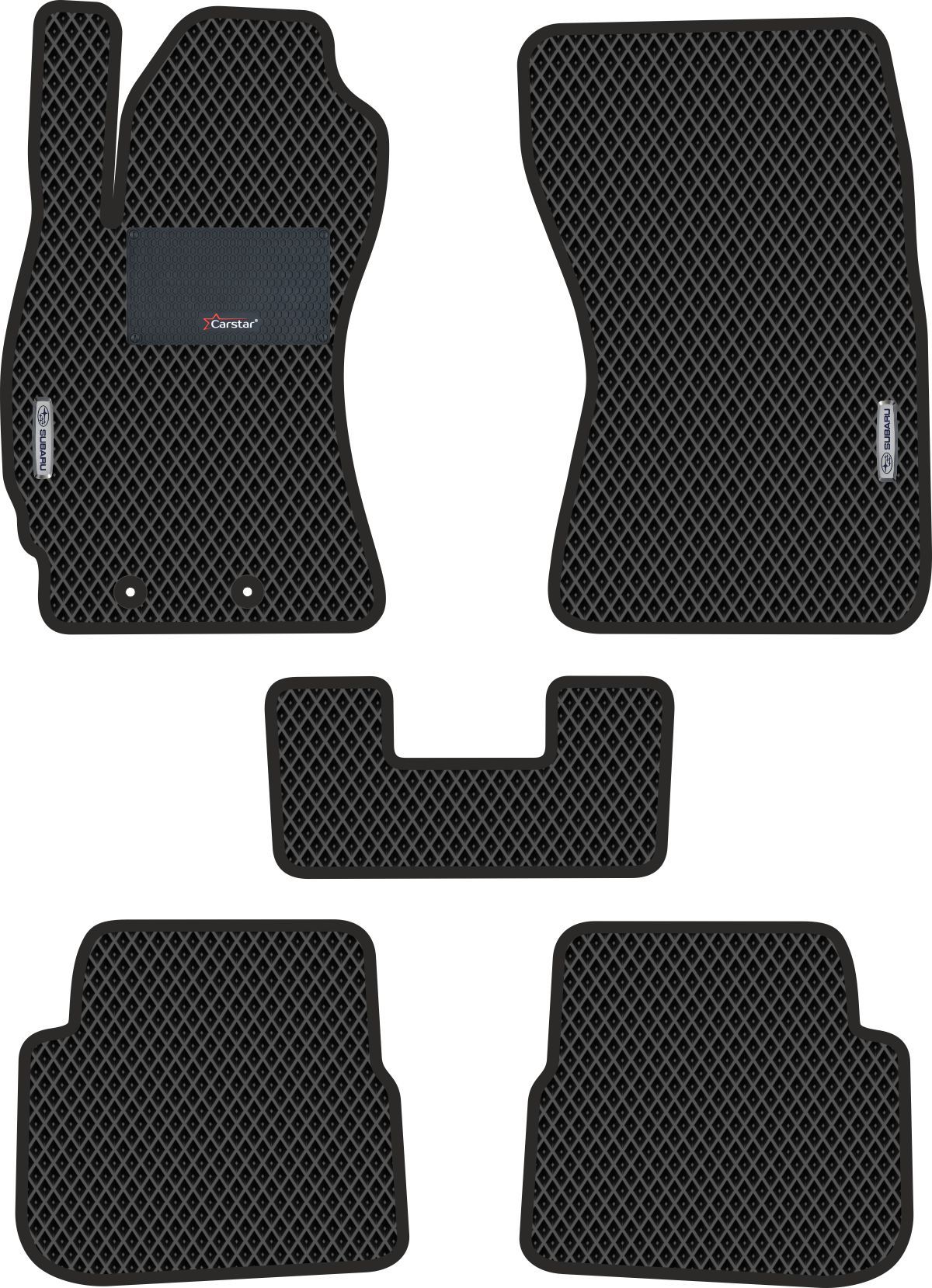 Автомобильные коврики EVA для Subaru Forester III (2007-2013), с каучуковым подпятником и 2 эмблемами Subaru, чёрные с чёрным кантом, ячейка - ромб