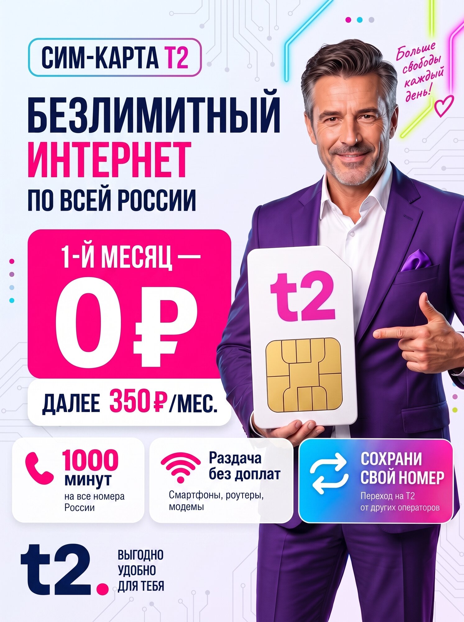 Сим-карта T2 | Безлимит интернет + 1000 мин | 350₽ | 1-й мес 0₽ | Для роутера, камеры