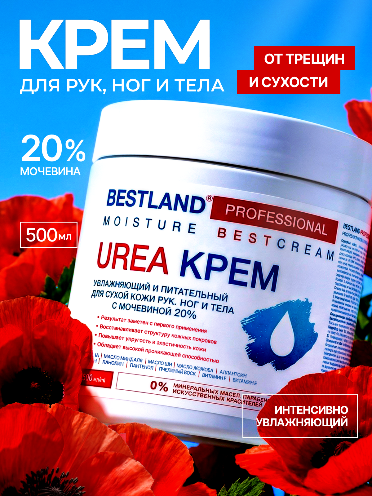 Крем для ног, рук и тела Bestland, увлажнение и питание для сухой кожи с мочевиной 20%, 500мл