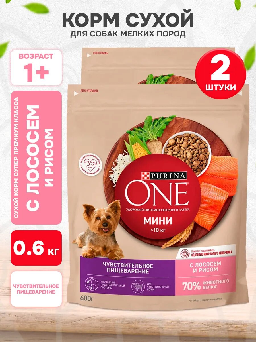 Корм сухой Purina One Мини для взрослых собак мелких пород при чувствительном пищеварении, лосось и рис, 600 г x 2 шт