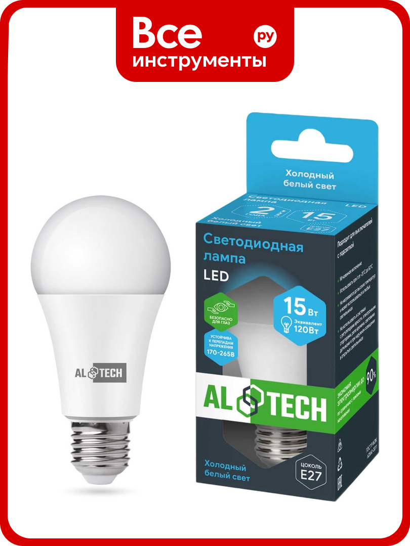 Лампочка светодиодная ALTECH LED Р60-15W-865-E27 15Вт груша холодный белый свет 4673758070289