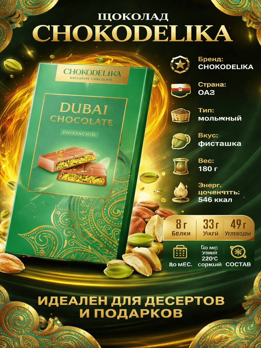 Шоколад Chokodelika Дубайский молочный с начинкой из фисташки, 180г