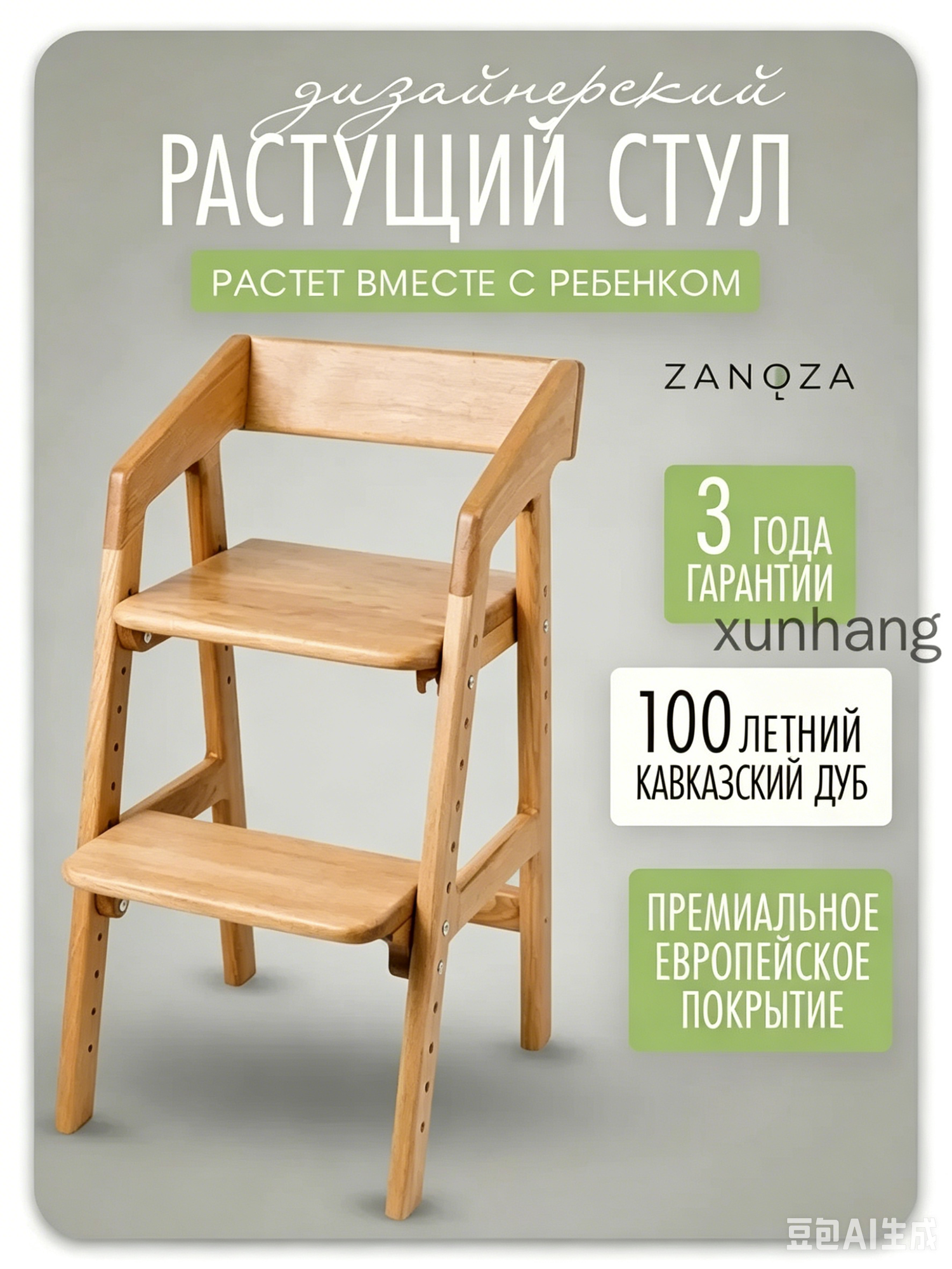 Растущий стул ZANOZA из массива кавказского дуба / детский стульчик для кормления и учебы