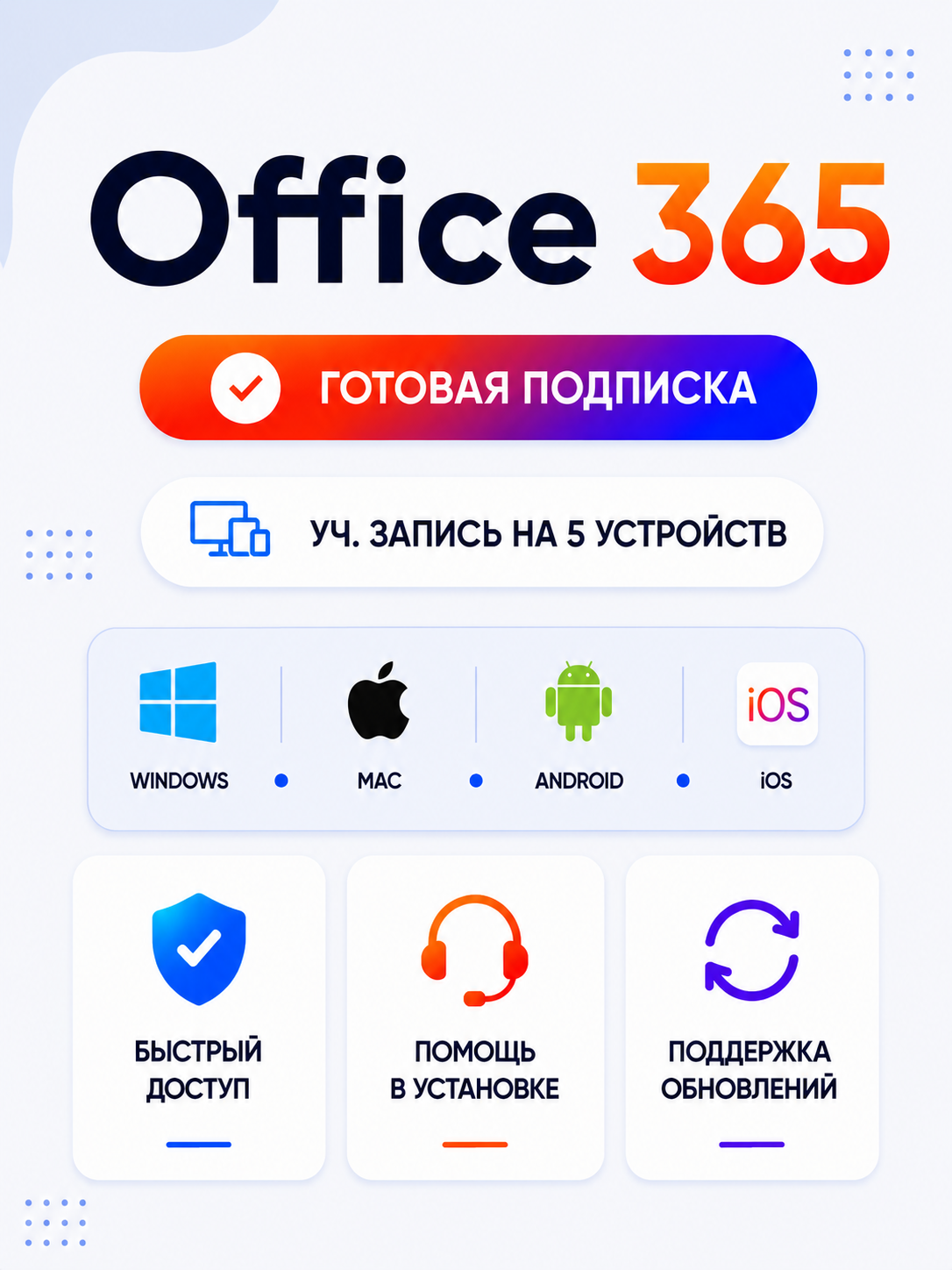 Office 365 - учетная запись на 5 устройств, Облако 100GB OneDrive (Windows, MacOS, iOS, Android).