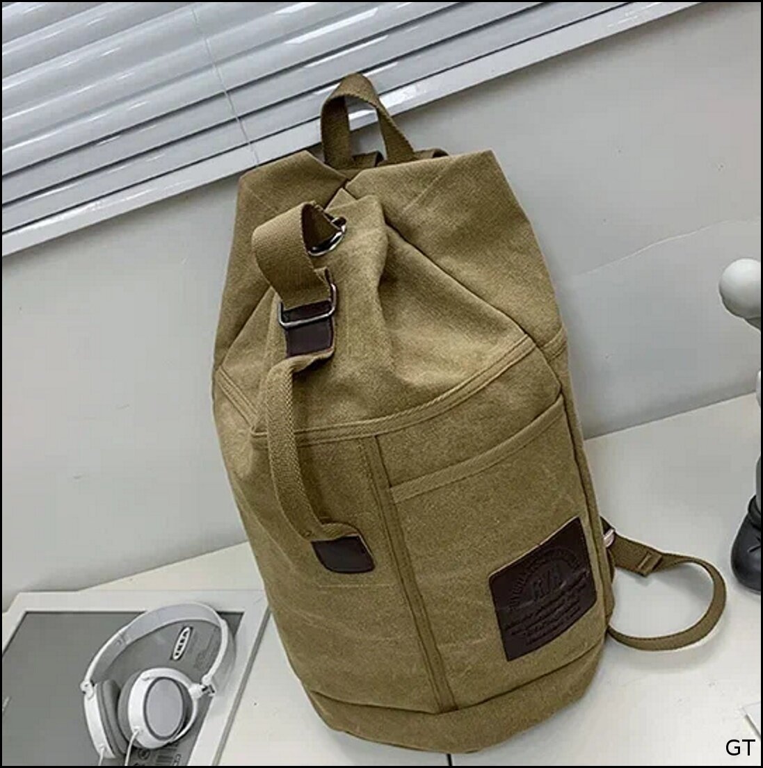 Прочный Рюкзак-баул 30L. из брезента с ручкой 45*26*26 см хаки, клапан на карабине, водоотталкивающая пропитка спорт