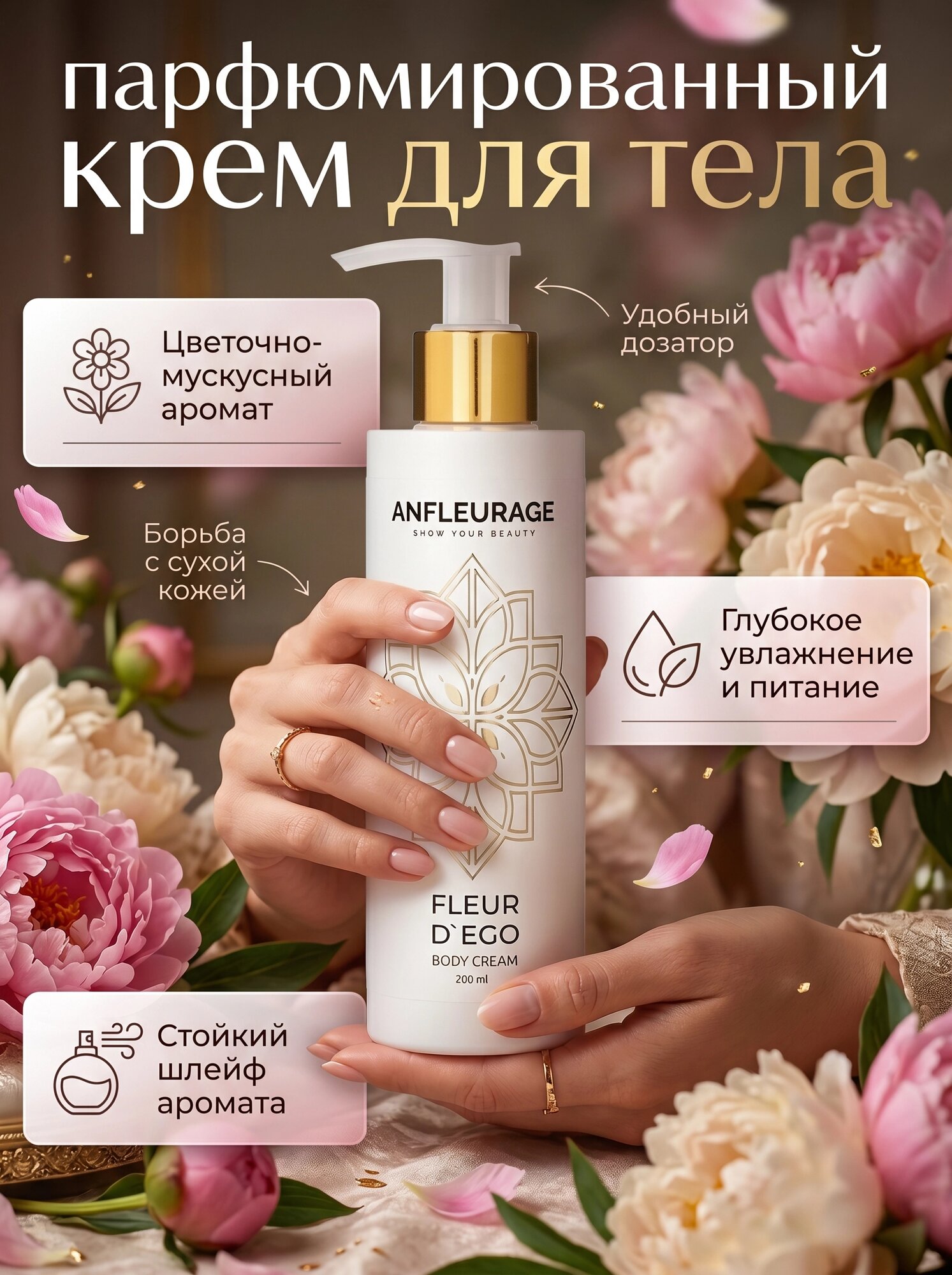 Крем для тела и рук увлажняющий парфюмированный Fleur D'Ego с цветочным ароматом, гиалуроновая кислота и комплекс масел, 200 мл