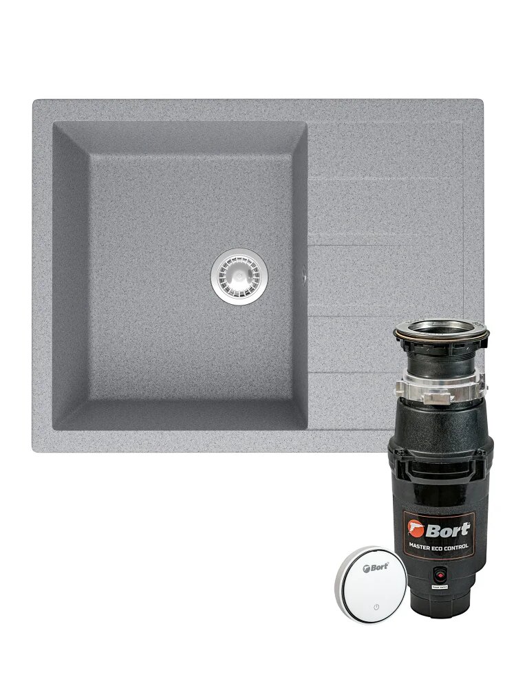 Комплект Мойка Domaci Болонья М-151-005 64x50, серая, искусственный мрамор / Измельчитель Bort Master Eco Control электрический, нержавеющая сталь