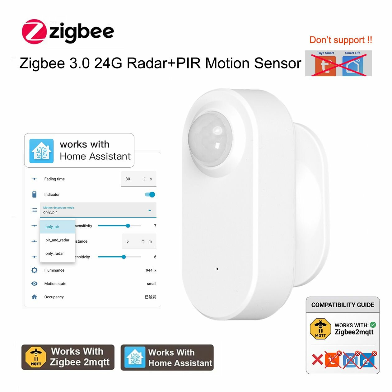 Умный датчик движения Zigbee (Питание от аккумулятора), Микроволновый радар 24G / определение яркости / расстояния, PIR Motion Sensor