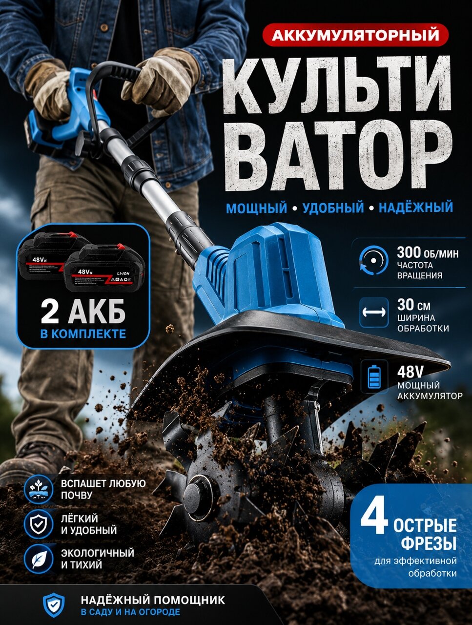 Культиватор аккумуляторный садовый для грядок, 2 аккумулятора в комплекте