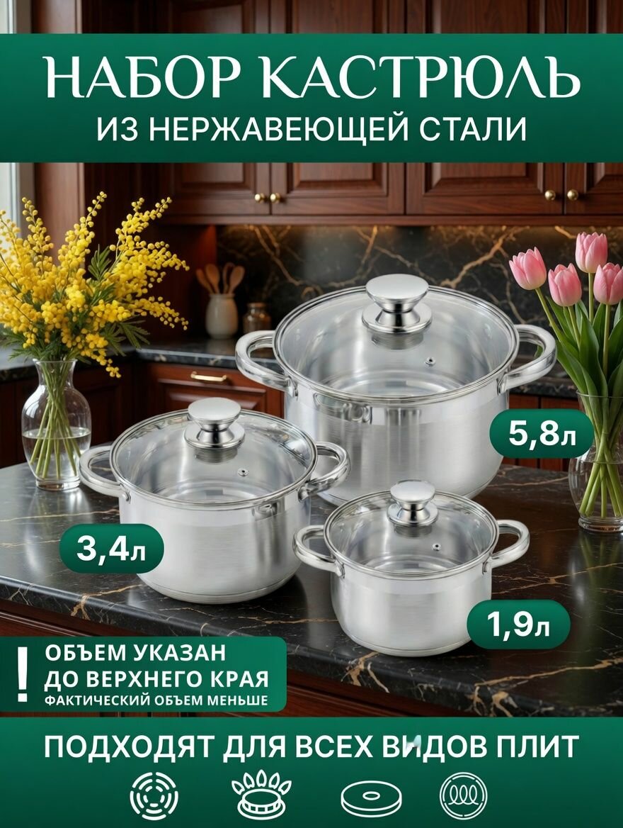 Набор Кастрюль С Крышкой И Толстым Дном Для Кухни и Готовки. Маленьких, Больших Из Нержавеющей Стали Для Газовых, Электрических, Индукционных Плит. Серебристые, 3шт